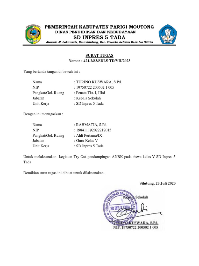 Surat Tugas Pendampingan Siswa Try Out ANBK | PDF