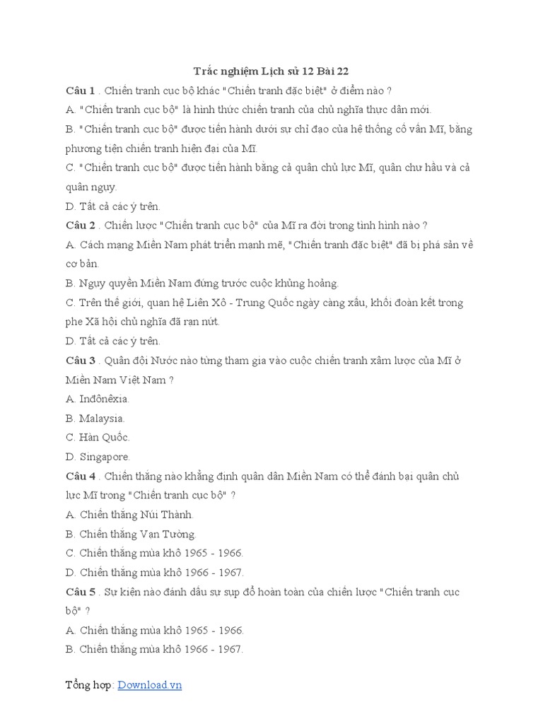 Trac Nghiem Lich Su 12 Bai 22 | PDF