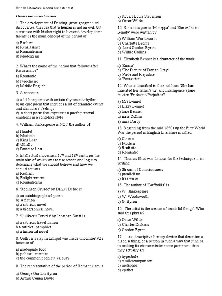 British Literature Quiz Review | PDF