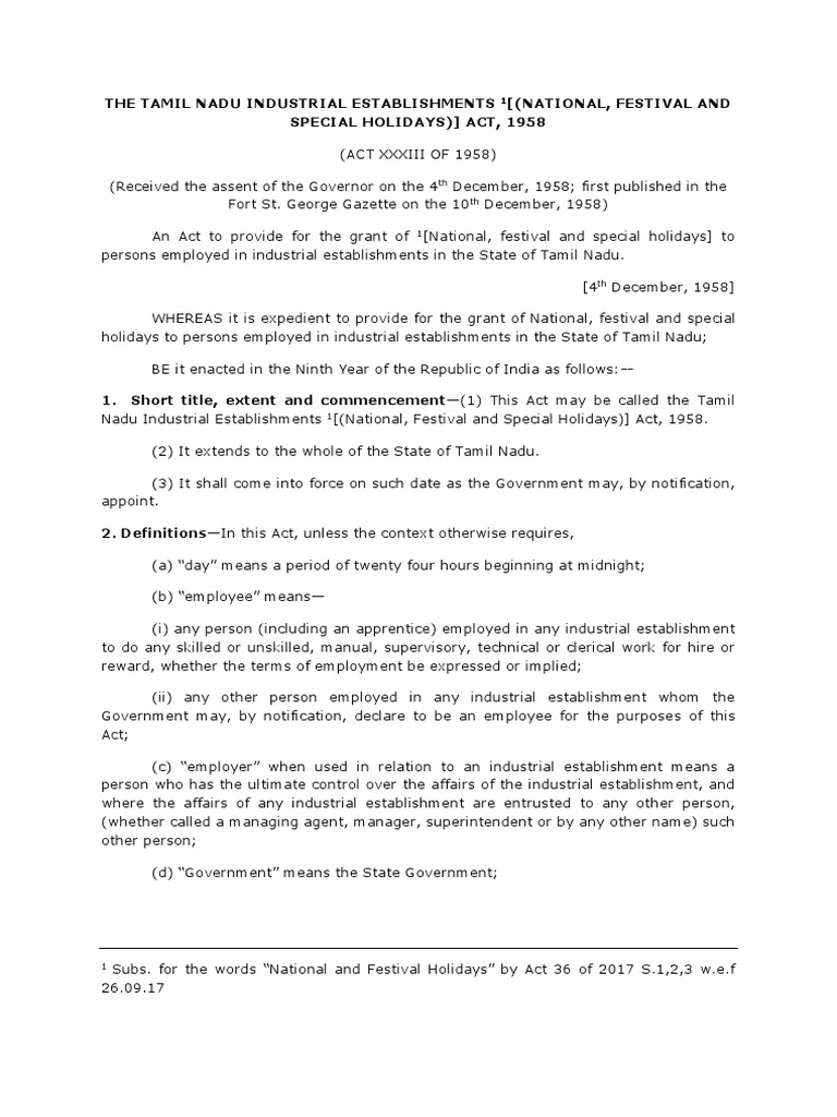 Tamil Nadu Holidays Act 1958 Overview | PDF | Employment | Fine (Penalty)