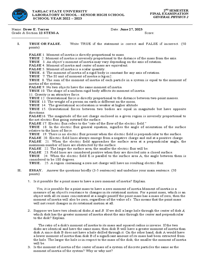 General Physics 2 Final Exam 2nd Sem Pdf