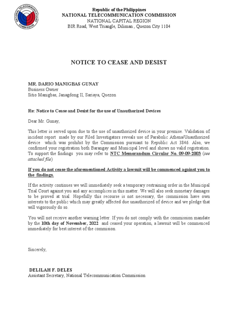 Notice To Cease and Desist | PDF