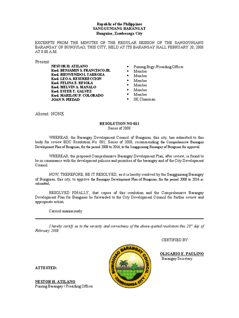 Brgy. Council Resolution (Update of BDP) | PDF