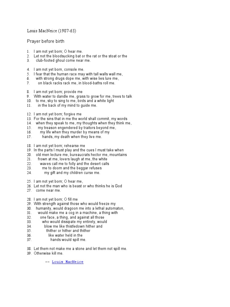 Prayer Before Birth Louis MacNeice Worksheet | PDF
