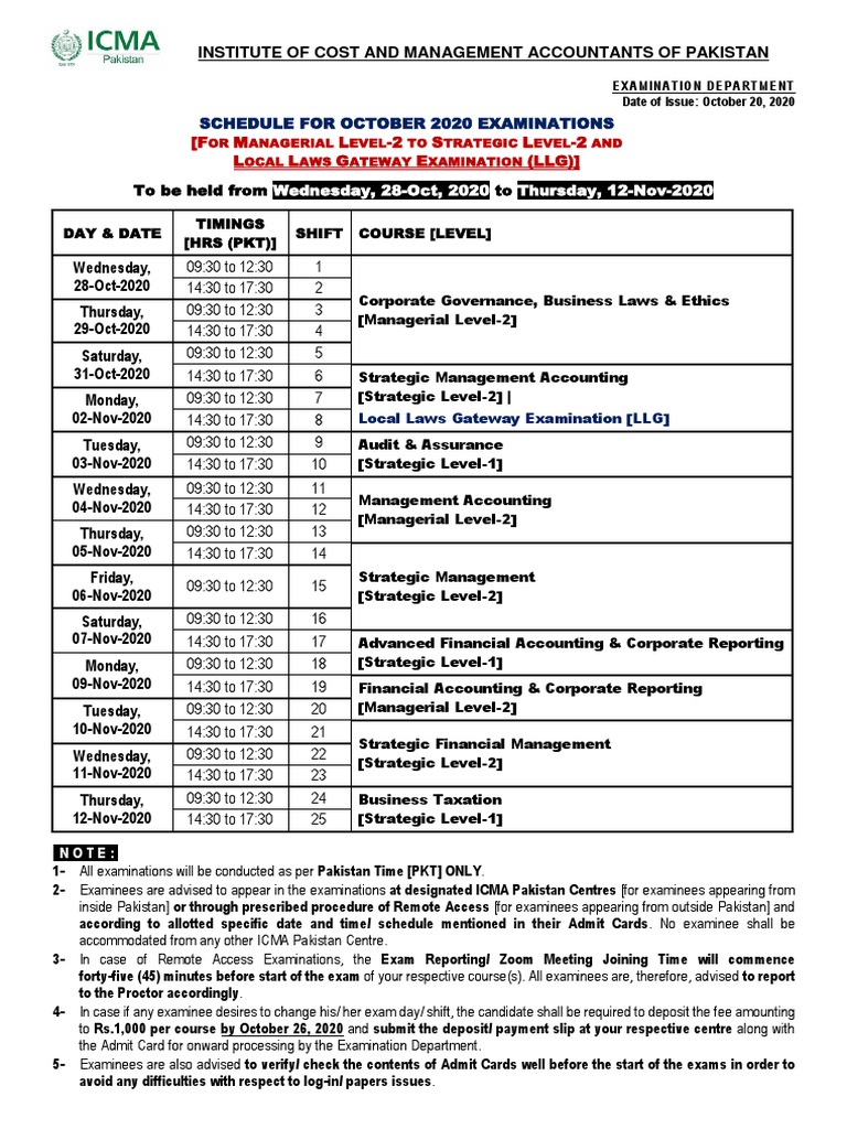 Schedule Oct 2020 ML2-SL2-LLG | PDF | Accounting | Management Accounting
