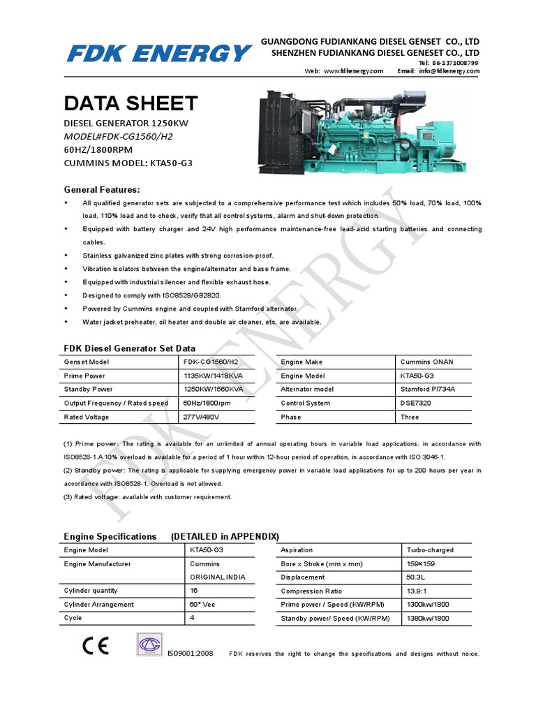 Data Sheet: Diesel Generator 1250Kw 60HZ/1800RPM Cummins Model: Kta50 ...
