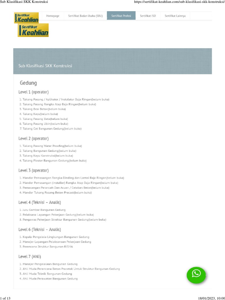 Sub Klasifikasi SKK Konstruksi | PDF