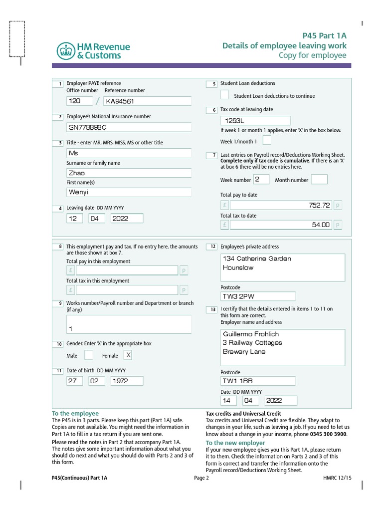 P45 Details for Wenyi Zhao | PDF | Payroll Tax | Taxes