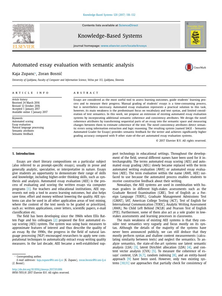 Automated Essay Evaluation With Semantic Analysis Pdf Parsing Cognitive Science