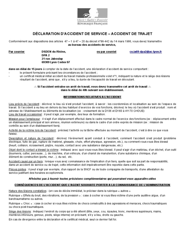 DSDEN69 Déclaration Accident de Service Annexe8 | PDF | Accident de la ...