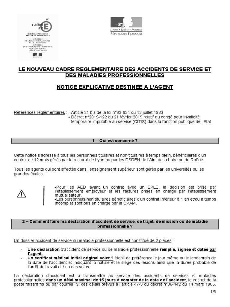 Notice Explicative Accident de Service Maladie Professionnelle Destinée À L'agent Annexe1-2 ...