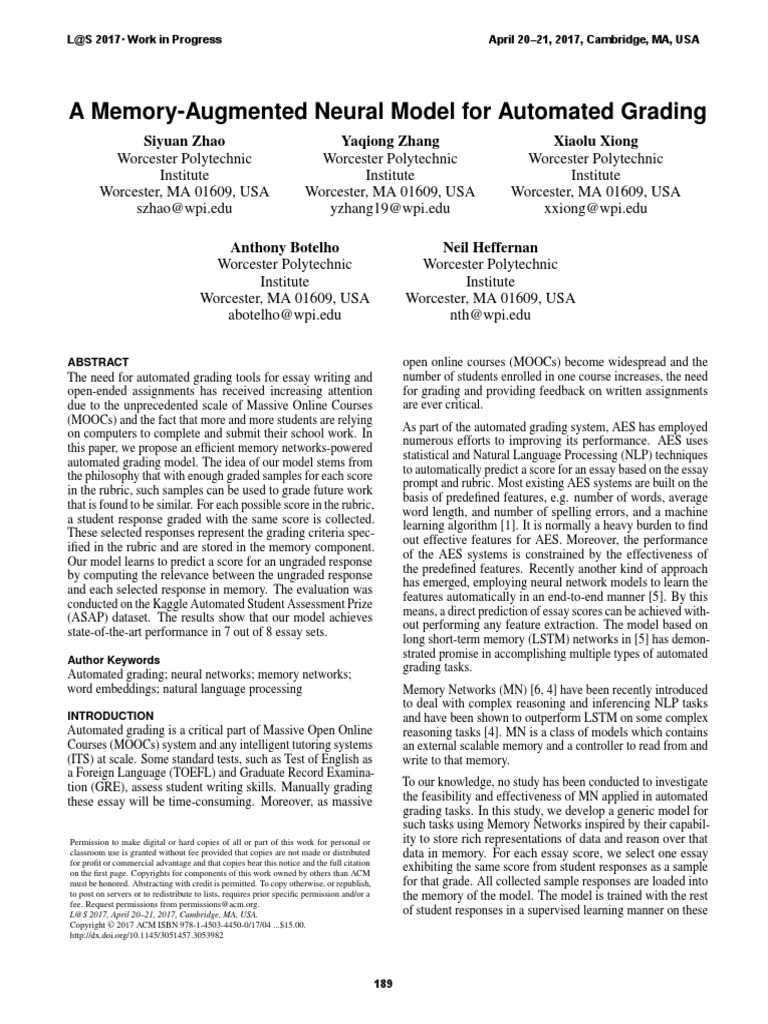 A Memory-Augmented Neural Model For Automated Grading | PDF