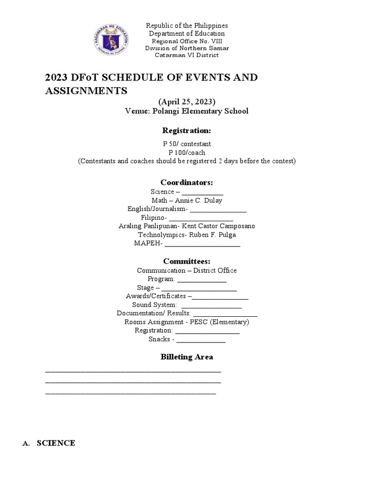2023 Dfot Schedule of Events and Assignments | PDF | Philippines