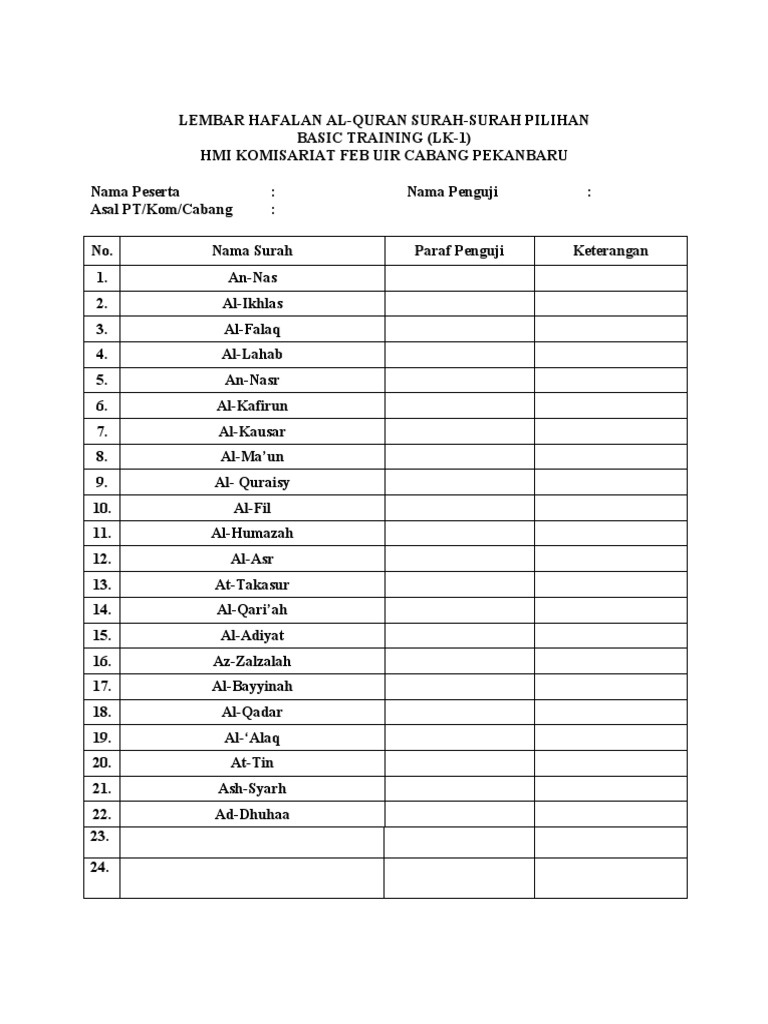 Lembar Hafalan Al-Quran | PDF