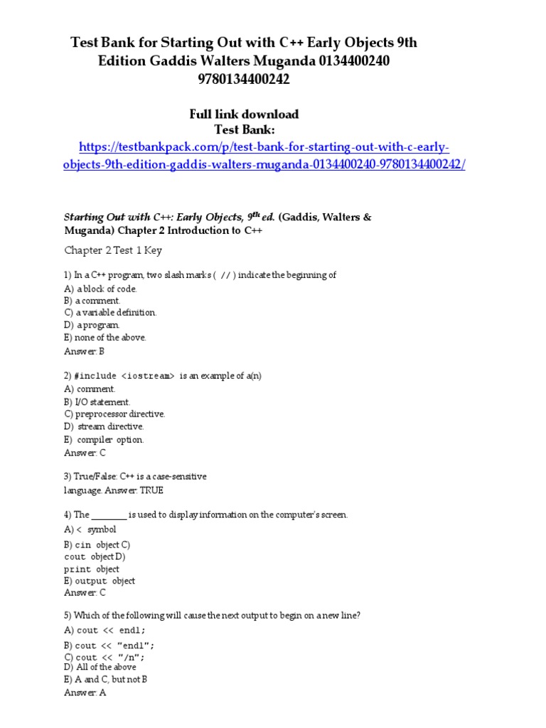 C++ Early Objects 9th Ed. Test Bank | PDF