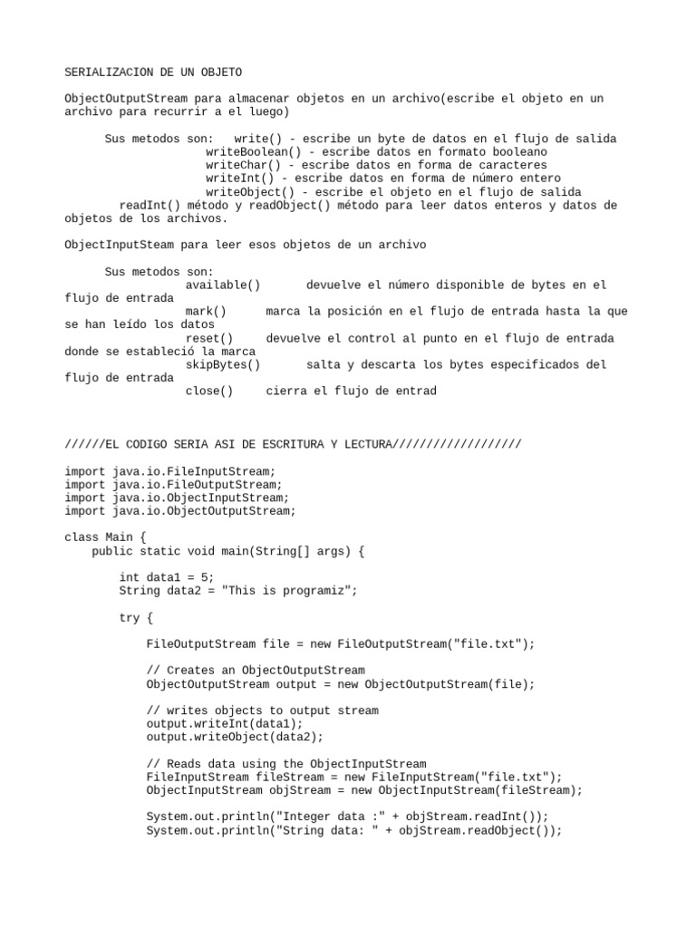 Serialización de Objetos en Java | PDF | Datos | Tecnologías de la ...