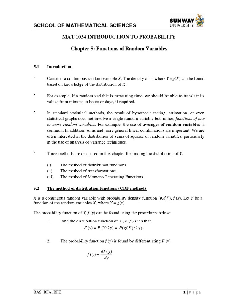 Chapter 5 - Functions of Random Variables | PDF