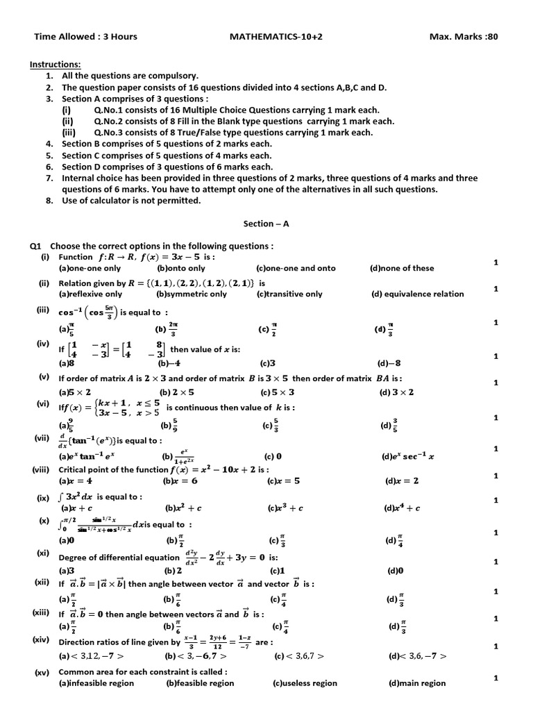 12th Sample Paper MATHS (2023-24) - 2 | PDF
