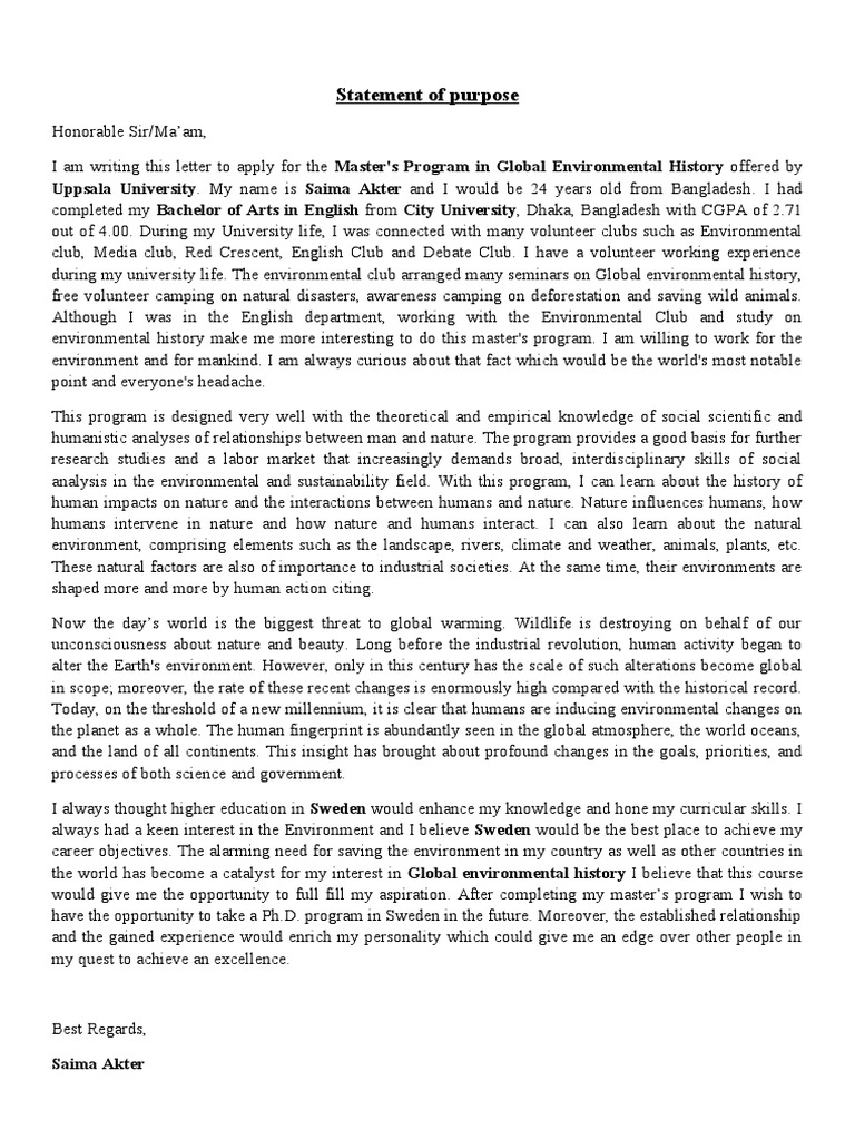 Statement of Purpose - UU - Saima Akter | PDF | Natural Environment ...