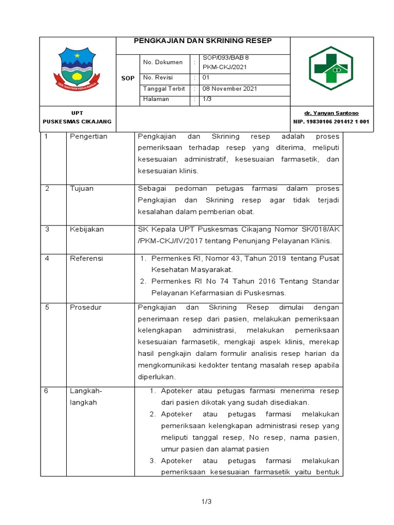 Sop Pengkajian Dan Skrining Resep | PDF