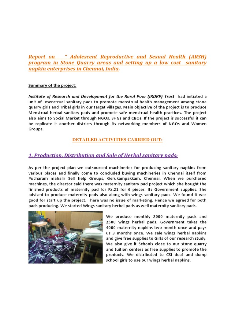 Chennai ARSH Program & Sanitary Pad Enterprise | PDF