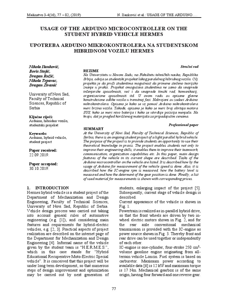 USAGE OF THE ARDUINO MICROCONTROLLER ON THE STUDENT HYBRID VEHICLE ...