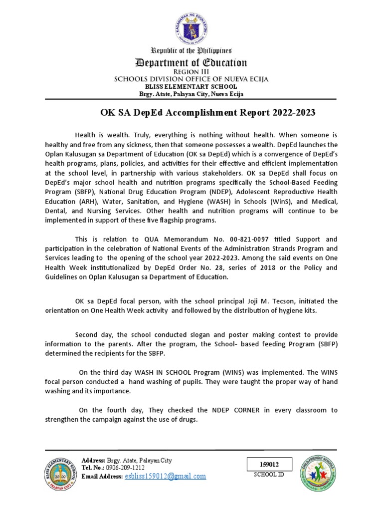 OK sa DepEd Accomplishment Report 2023 | PDF | Public Health | Health ...