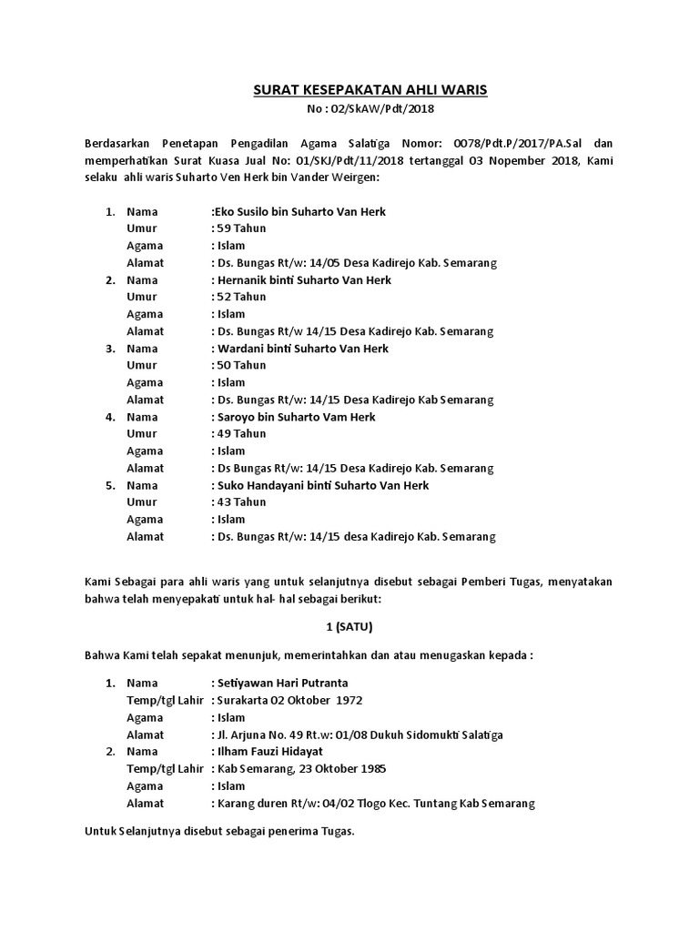 Surat Kesepakatan Ahli Waris | PDF
