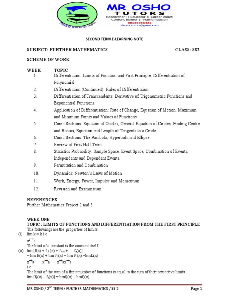 2ND Term S2 Further Mathematics | PDF | Circle | Analytic Geometry