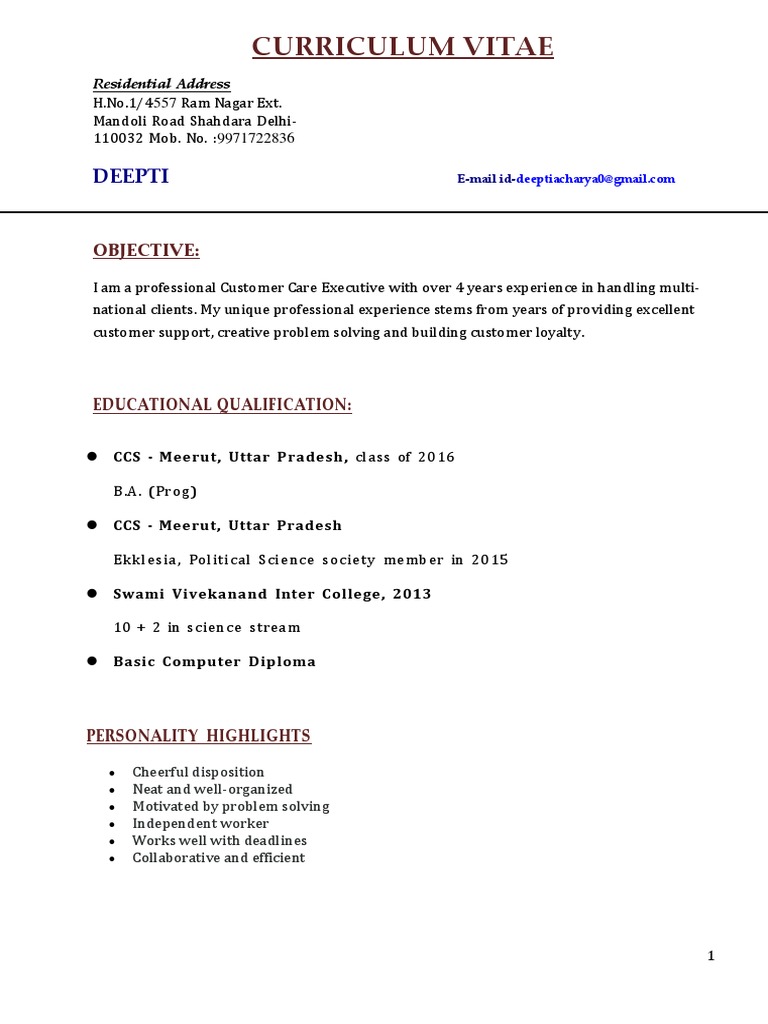 Customer Care Executive CV - Deepti | PDF