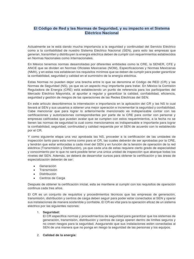 Código de Red y Normas de Seguridad v1 | PDF | Ingenieria Eléctrica