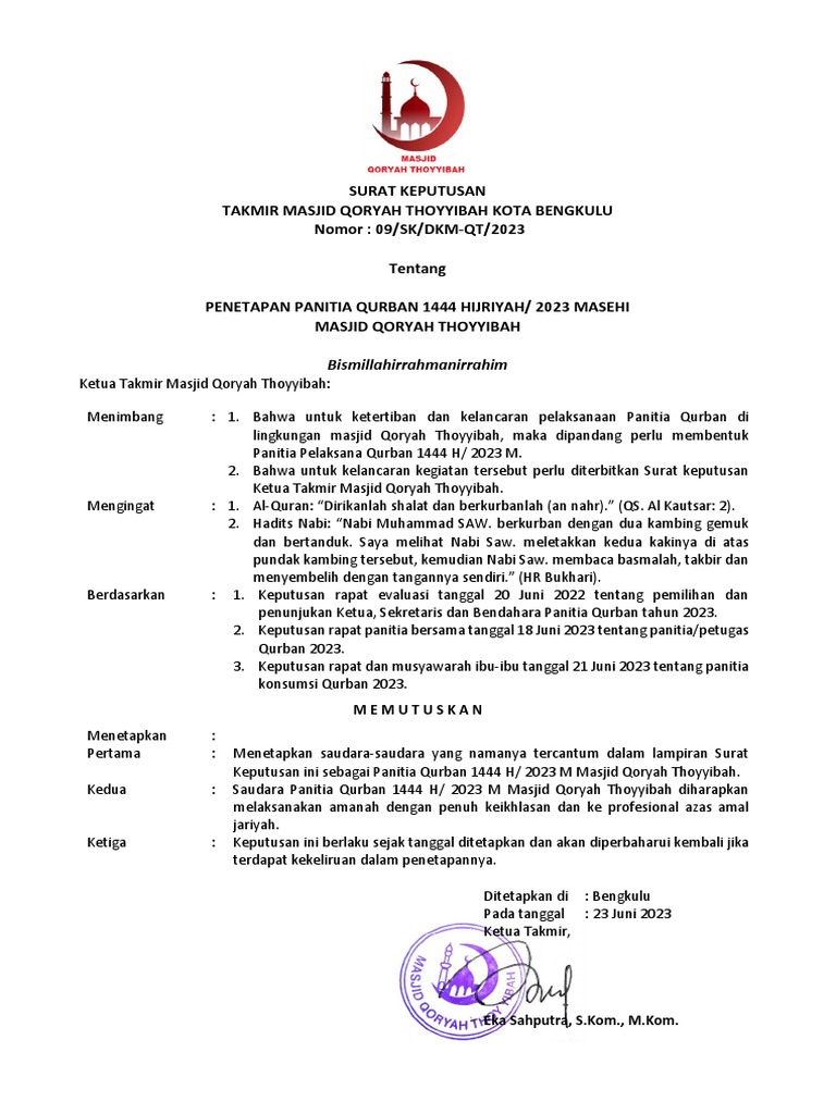 SK Panitia Qurban MQT 2023 | PDF