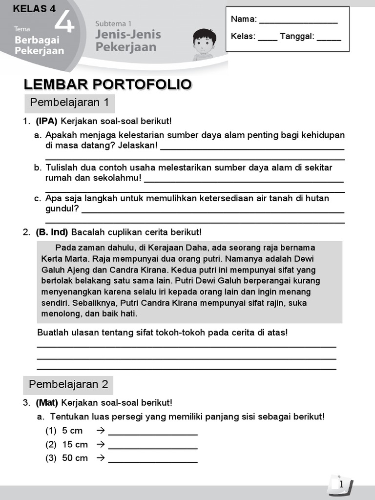 Lembar Portofolio Bupena 4b Tema 4 Sub 1 | PDF | Karier & Perkembangan | Seni & Disiplin Bahasa