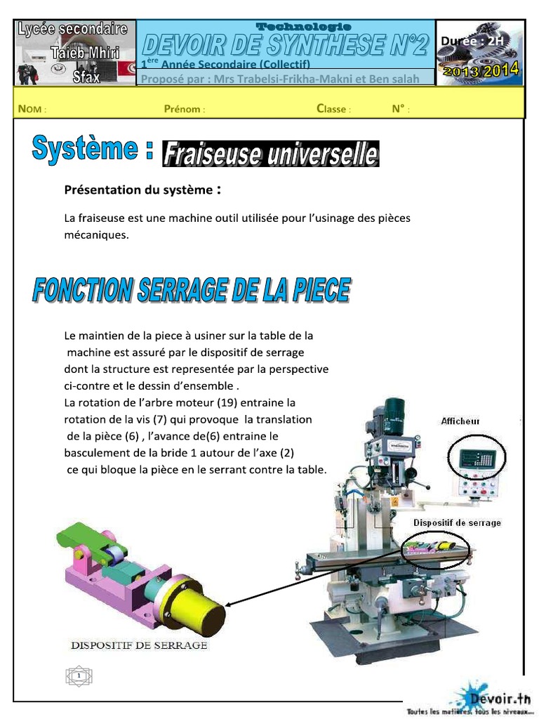 Devoir de Synthèse N°2 Graphique Et Fonctions Électroniques Dispositif de Serrage 2013 2014 ...