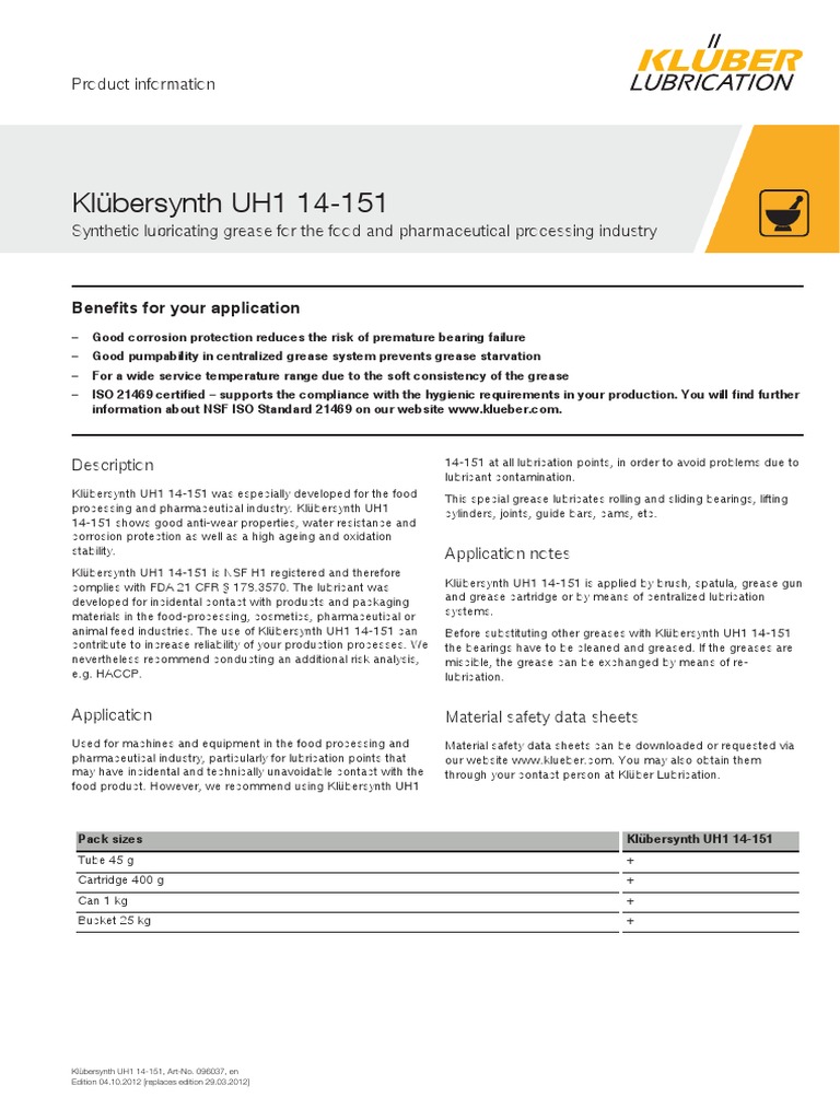 Kluebersynth UH1 14 151 GB en | PDF | Lubricant | Bearing (Mechanical)