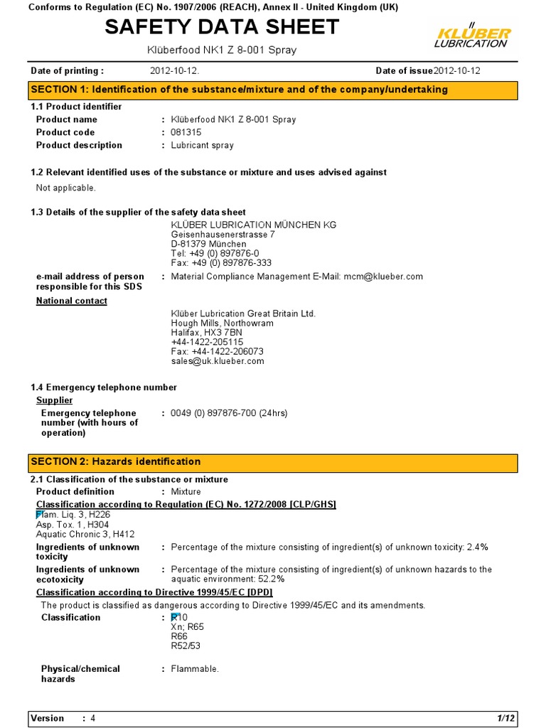 SDS Klueberfood NK1 Z 8 001 Spray 081315 GB en | PDF | Toxicity | Firefighter