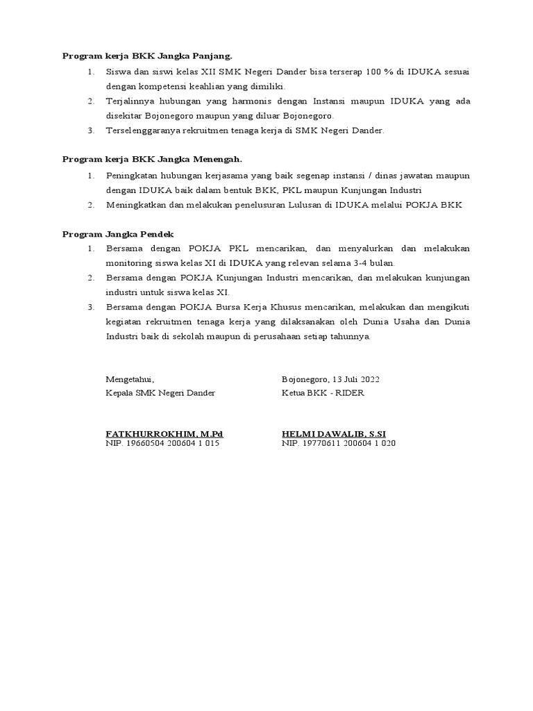 Program Kerja BKK | PDF