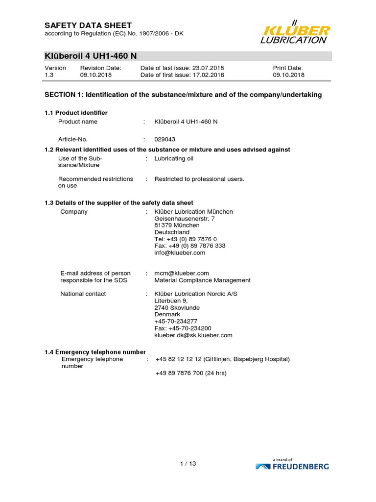 SDS Klueberoil 4 UH1-460 N 029043 DK EN | PDF