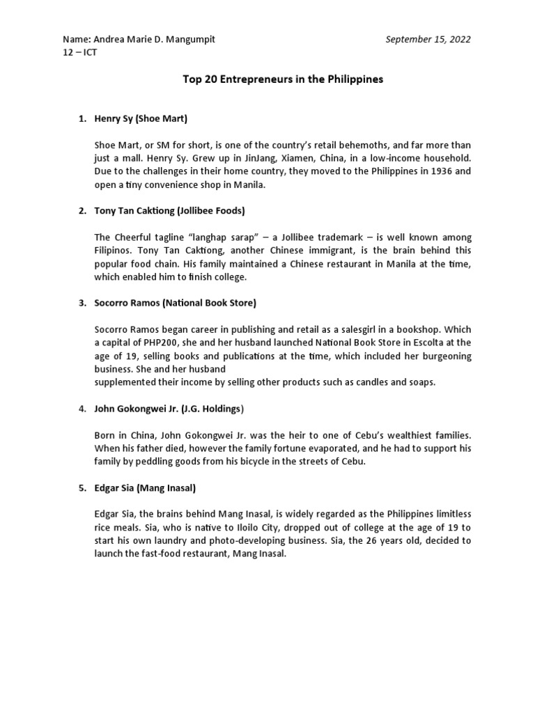 Top 20 Entrepreneurs in The Philippines | PDF Top 20 Entrepreneurs in The Philippines | PDF