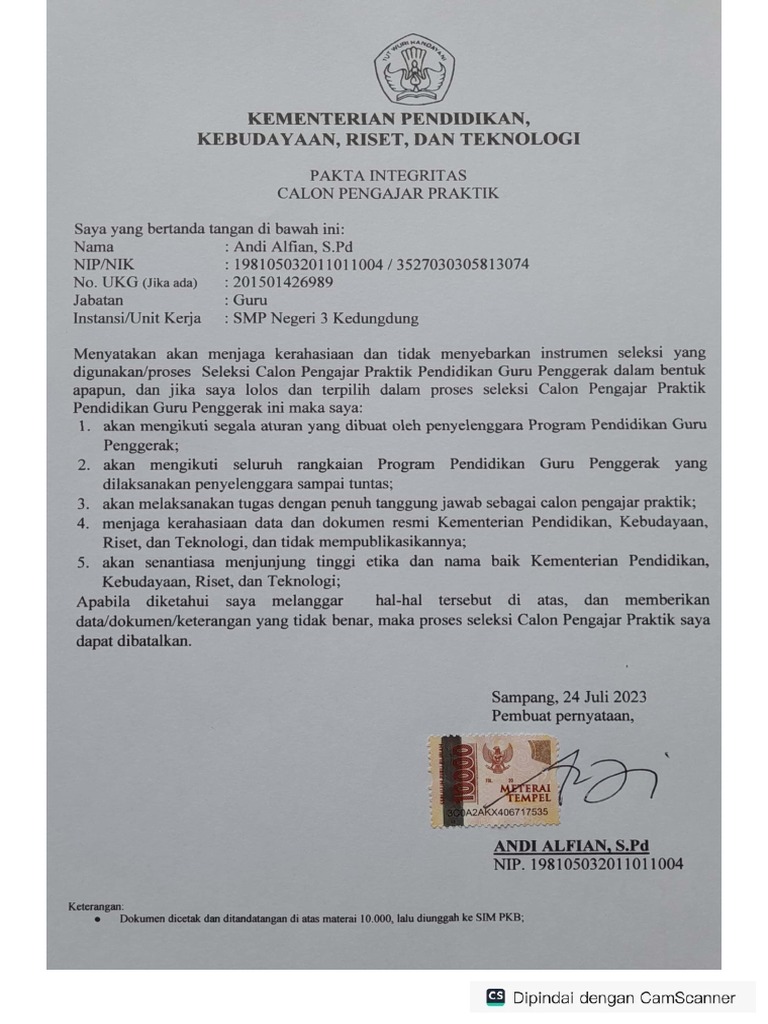 Pakta Integritas CPP Andi Alfian | PDF