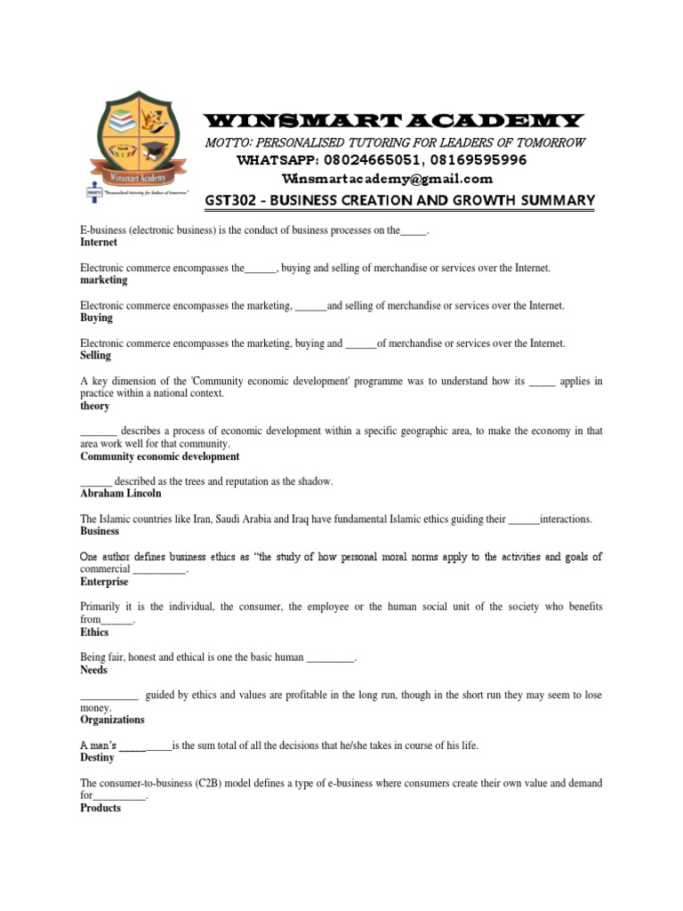 GST302 Business Creation and Growth Summary 08024665051 | PDF ...