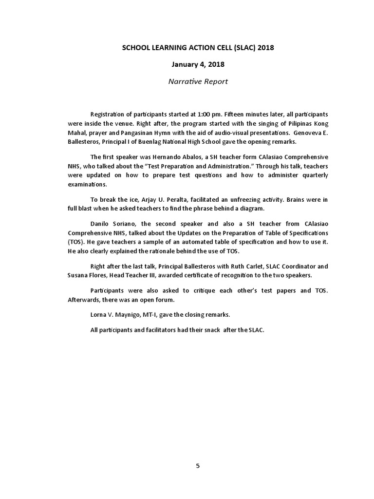 SLAC Narrative Report January 2018 | PDF