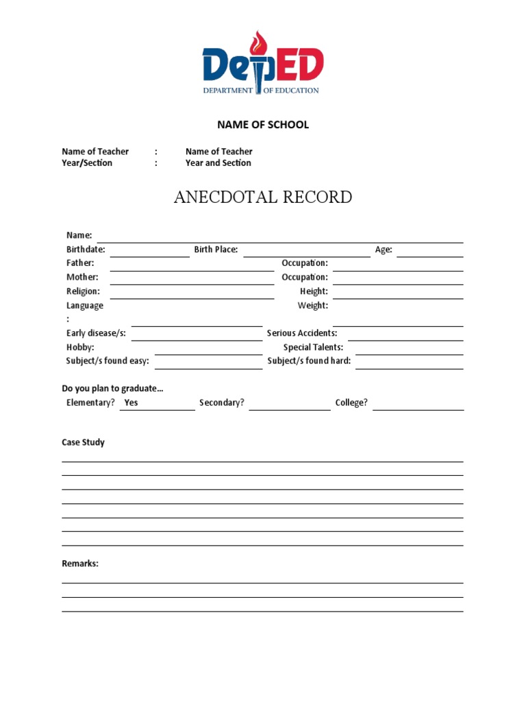 Sample Anecdotal Record Template | PDF
