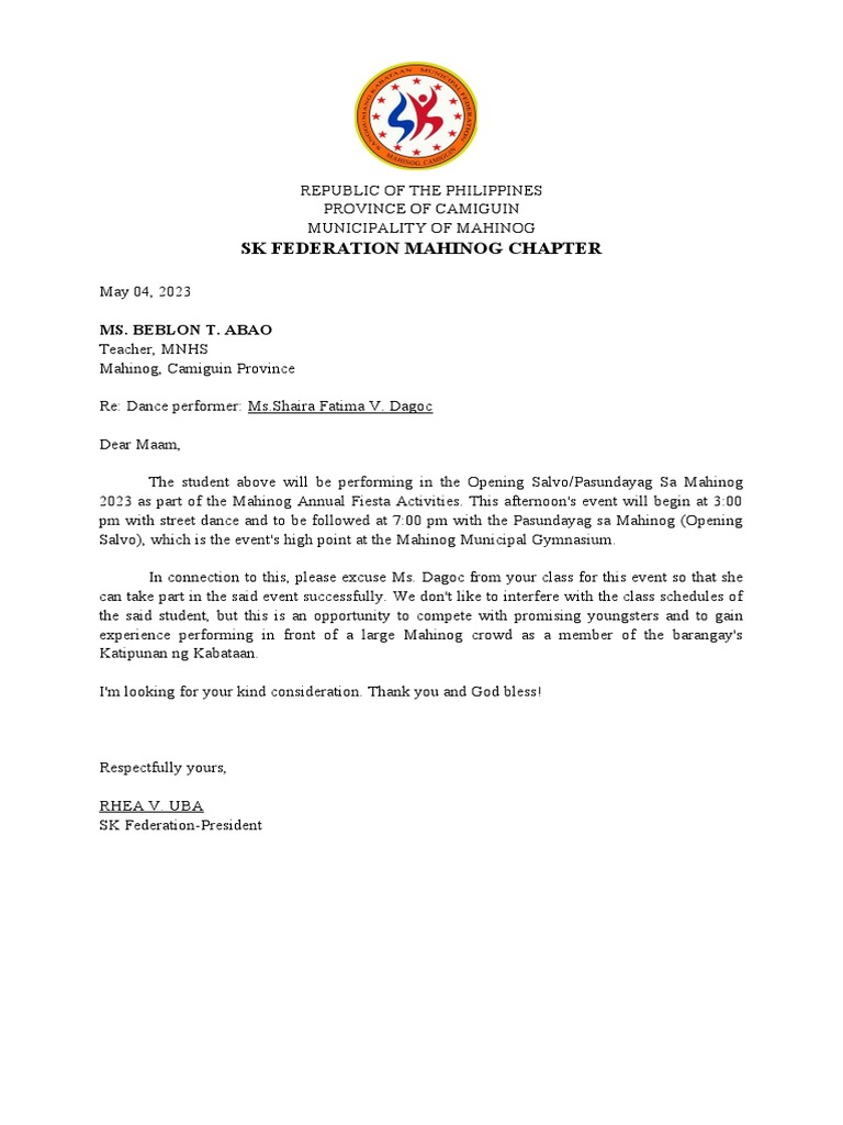 Excuse Letter for Dance Performance | PDF