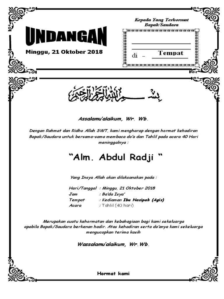 Contoh Undangan Tahlilan 100 Hari Meninggalnya Haul | PDF