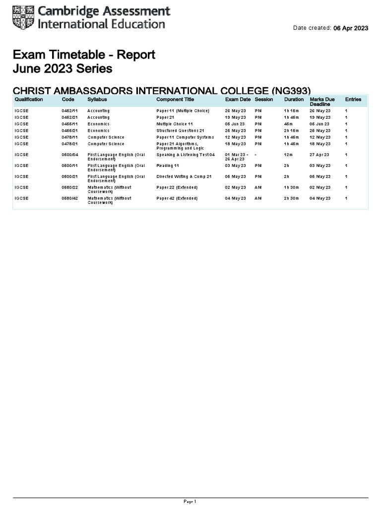 NG393 19818 Exam Timetable Component | PDF