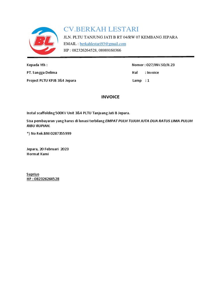 Invoice PT Sangga Delima Instal Scaffolding 500KV | PDF