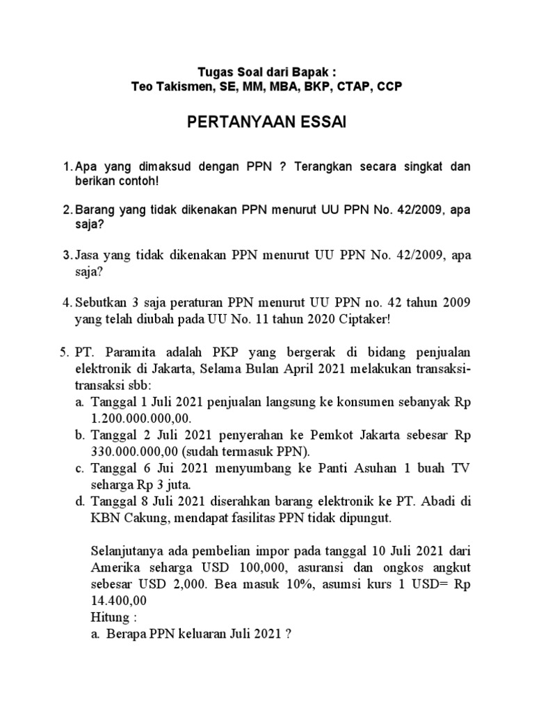 Soal Tugas SPT PPN Dan Studi Kasus PPN | PDF | Pengelolaan Keuangan & Uang