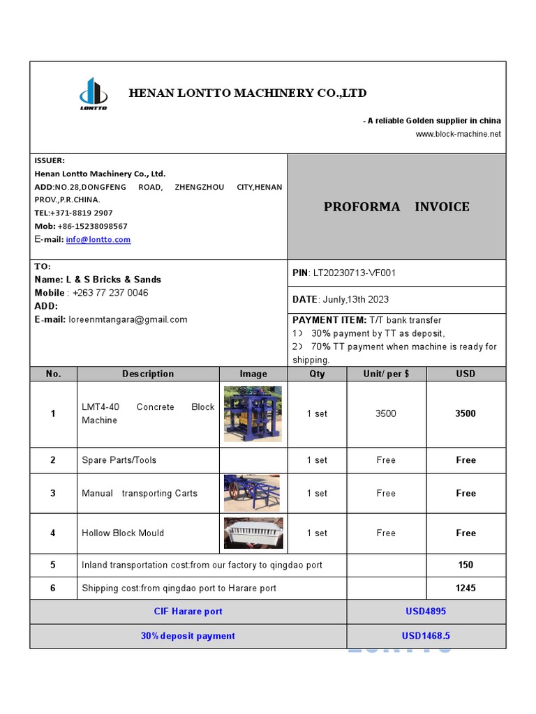 Proforma Invoice Lmt4-40-Boc | PDF | Business | Service Industries