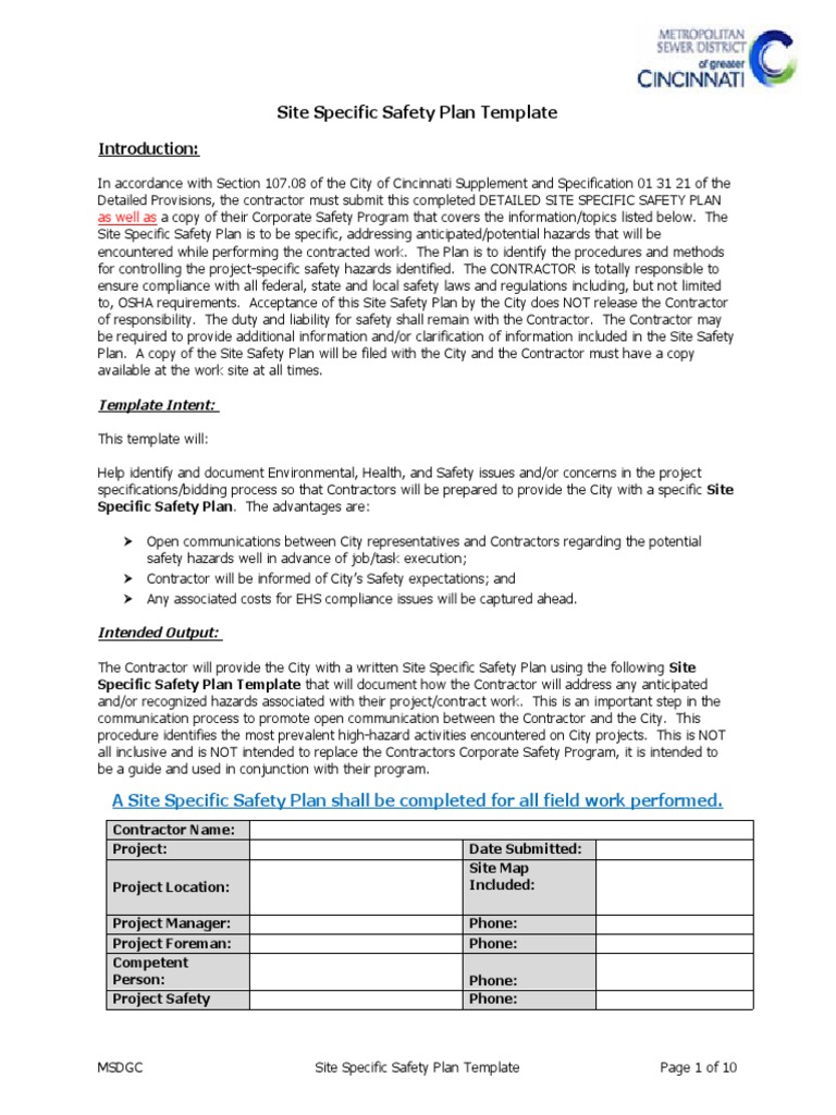Cincinnati Site Safety Plan Template | PDF | Safety | Personal ...
